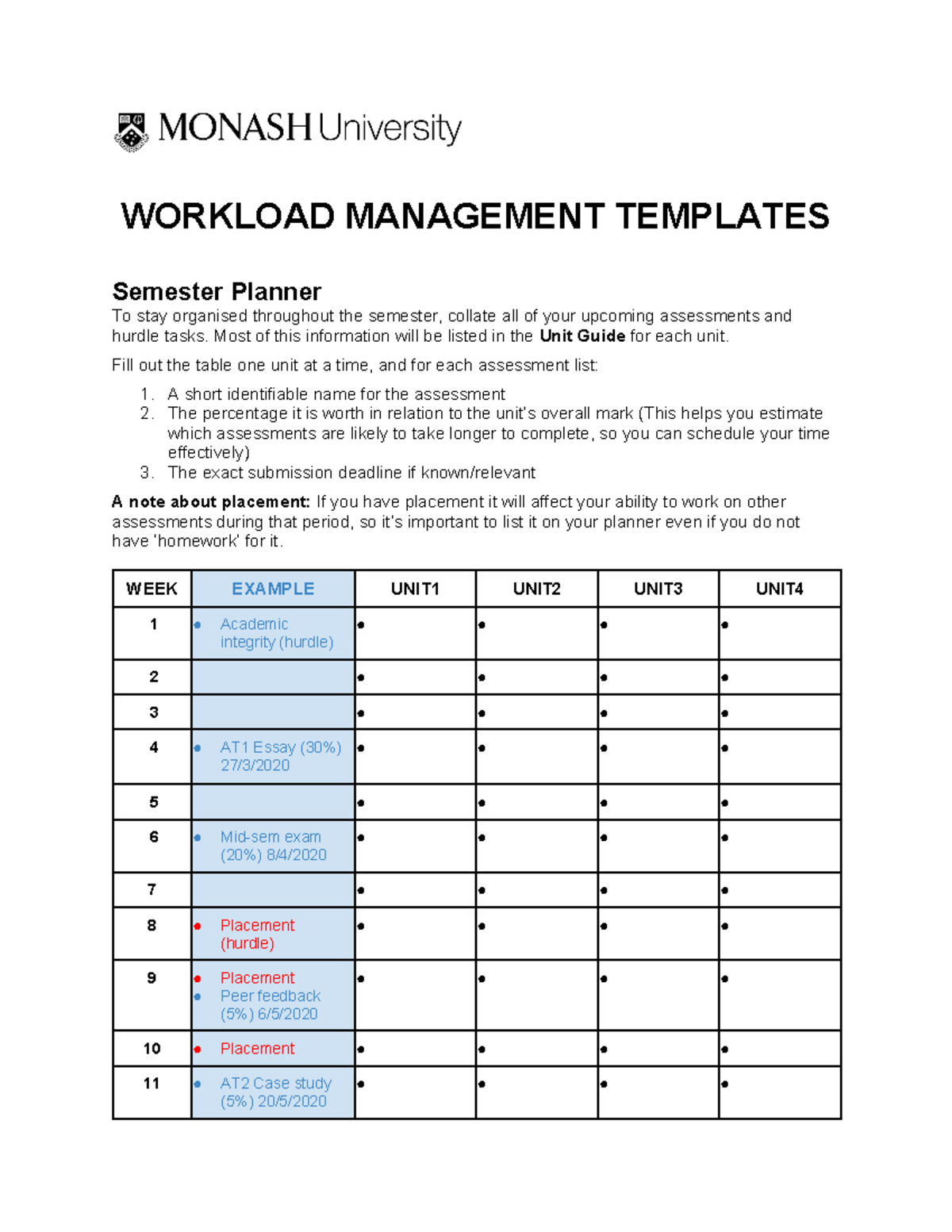 Workload Management Templates - WORKLOAD MANAGEMENT TEMPLATES Semester ...