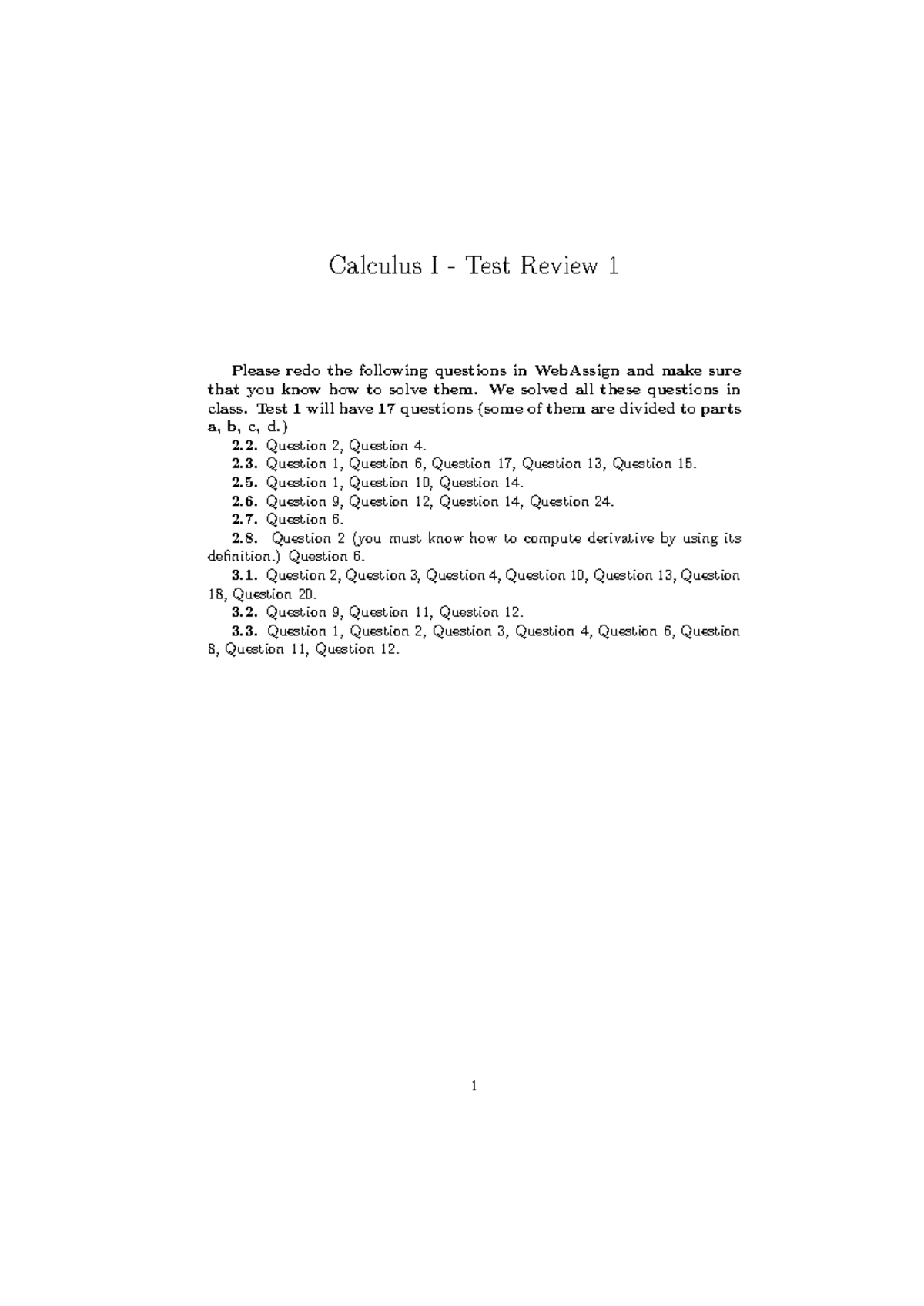 Cal1Test Review 1 - Summary Calculus I - Calculus I - Test Review 1 ...