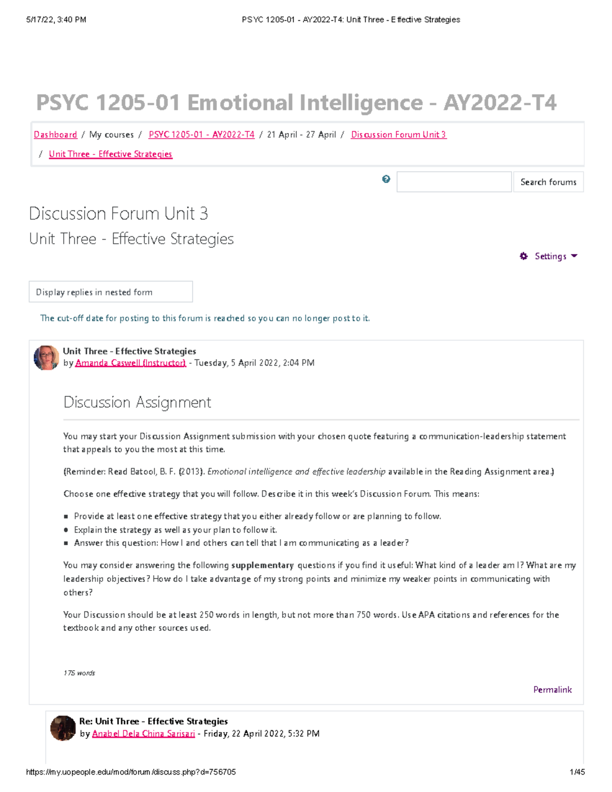 PSYC 1205-Discussion Forum - AY2022-T4 Unit Three - Effective Strategies - PSYC 1205-01 ...