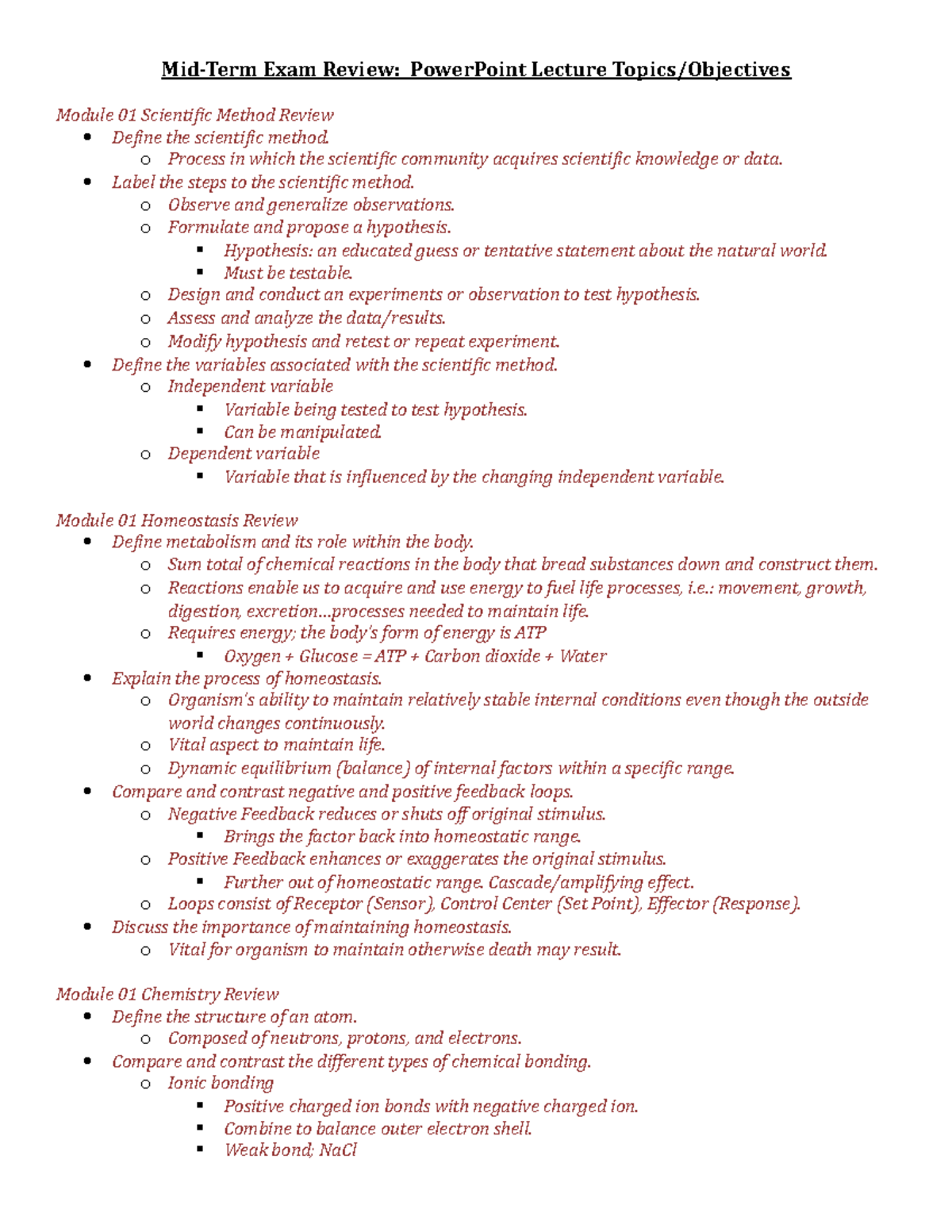 Midterm Review Information - BSC 2346 - Studocu