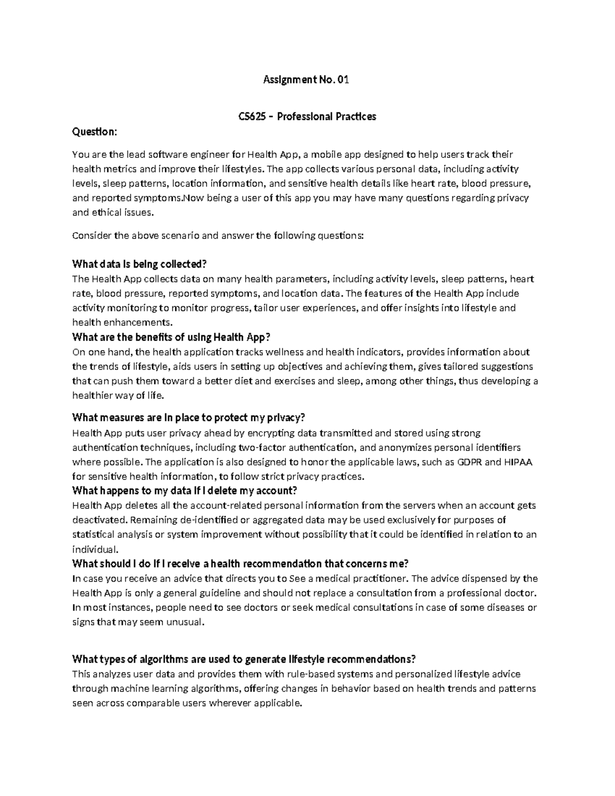 CS625 assignment 1 solution 2024 - Question: You are the lead software engineer for Health App ...