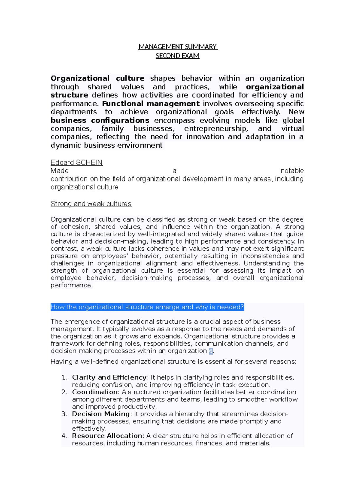 Management Summary - MANAGEMENT SUMMARY SECOND EXAM Organizational ...