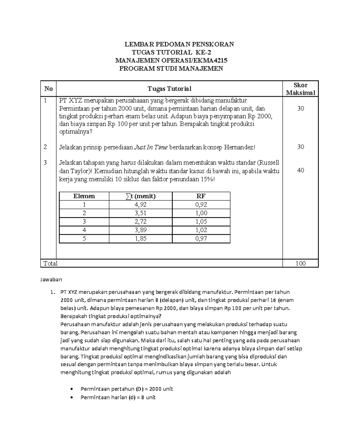 Manajemen Operasi Chandra Tugas 2 - LEMBAR PEDOMAN PENSKORAN TUGAS ...