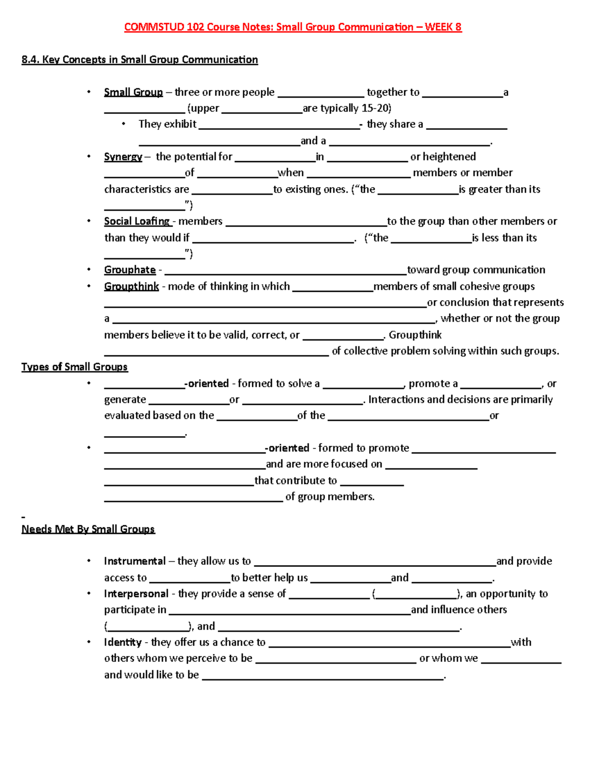 C Ommstud 102 Notes - Week 8 - COMMSTUD 102 Course Notes: Small Group ...