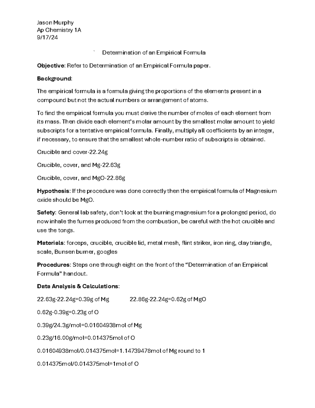 Empirical Formula Lab - Jason Murphy Ap Chemistry 1A 9/17 ...