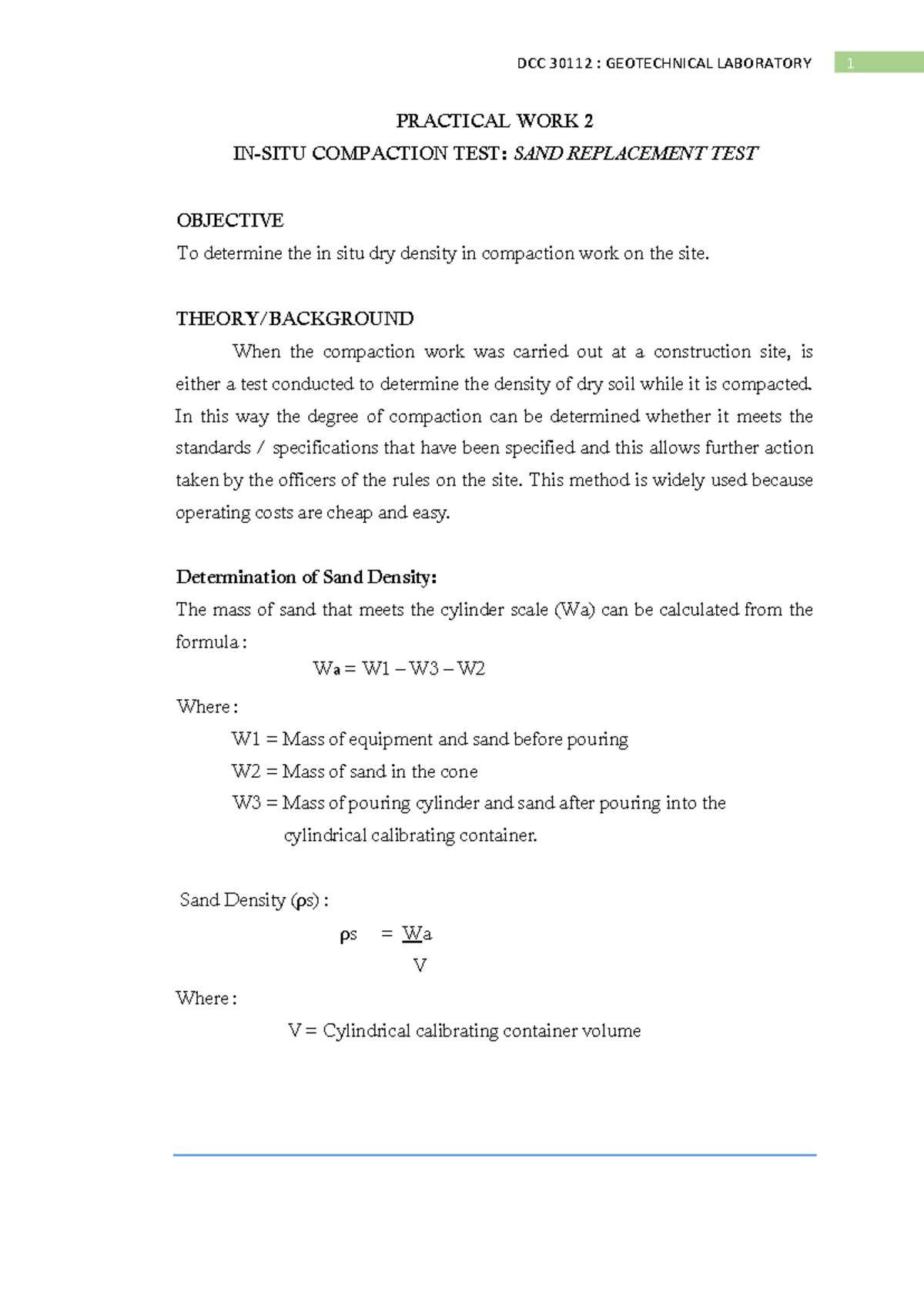 NOTA 2 - notes - PRACTICAL WORK 2 IN-SITU COMPACTION TEST: SAND ...
