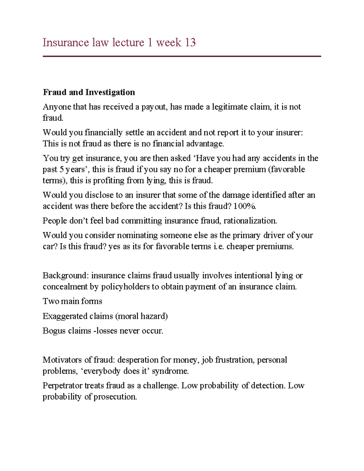 Insurance law lec 1 week 13 - Insurance law lecture 1 week 13 Fraud and ...