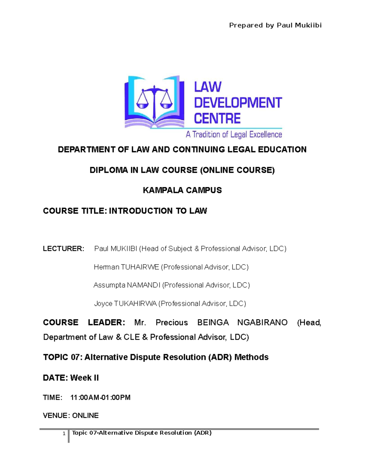 Topic 07 Alternative Dispute Resolution ADR Methods 2021 - DEPARTMENT ...