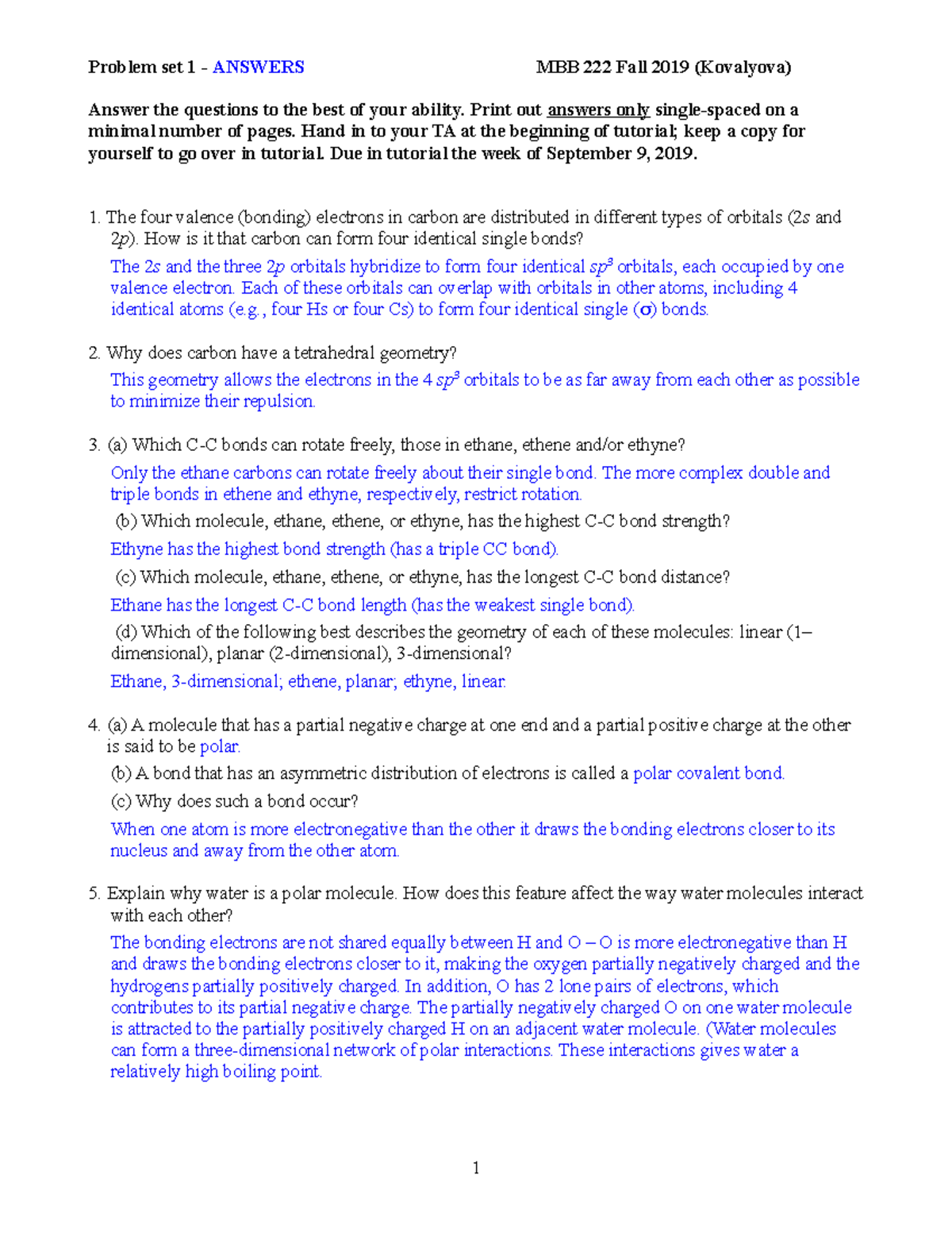 Problem set 1 answers - Problem set 1 - ANSWERS MBB 222 Fall 2019 ...