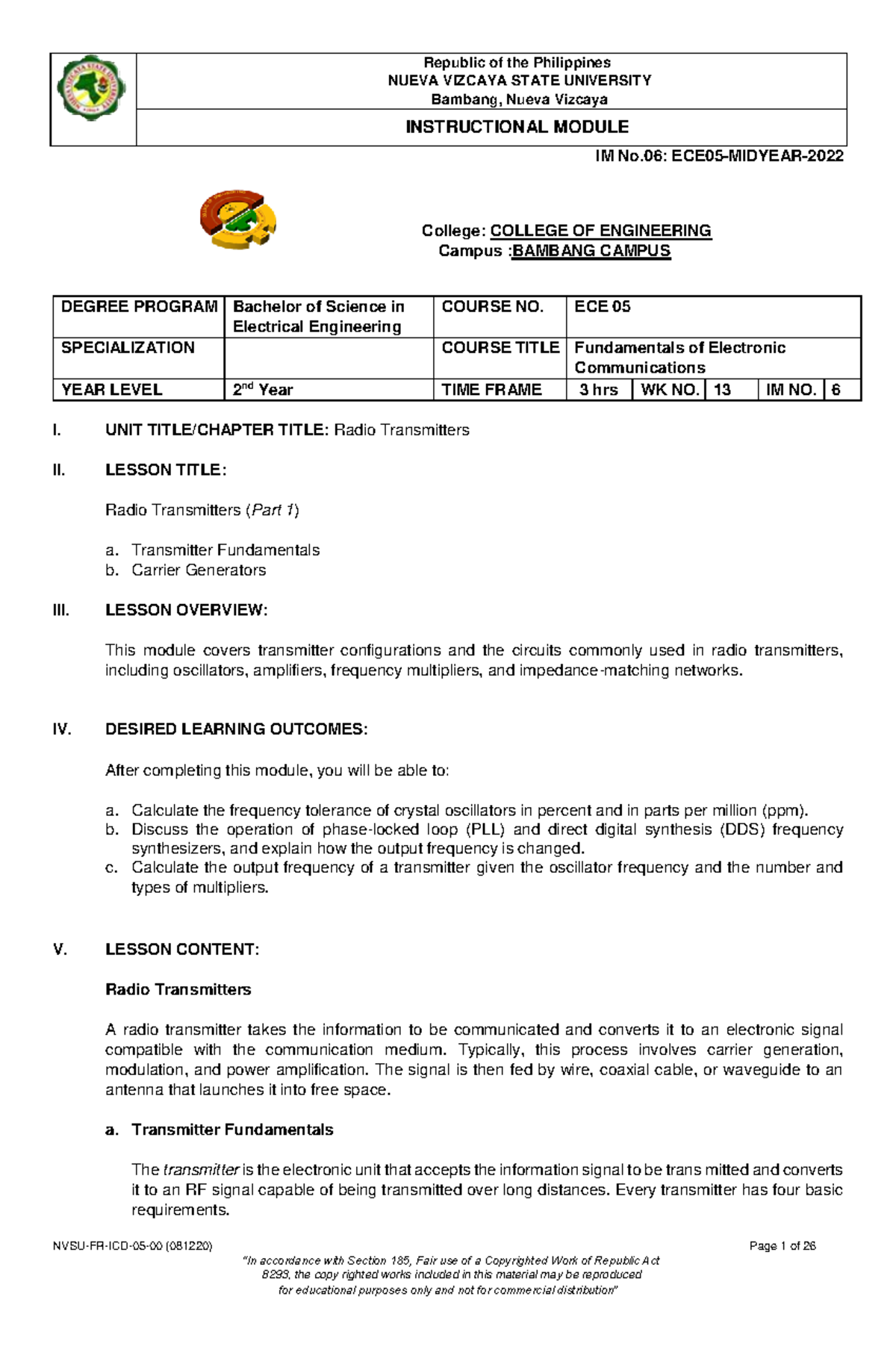 IM06 Radio Transmitters Part 1 Wk 13 - IM No: ECE05-MIDYEAR- NVSU-FR ...