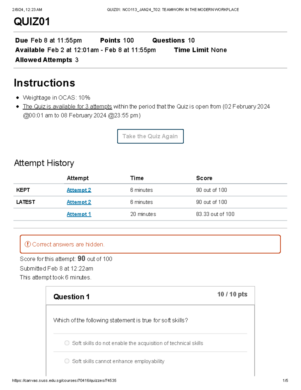 (90) QUIZ01 NCO113 JAN24 T02 Teamwork IN THE Modern Workplace - QUIZ ...