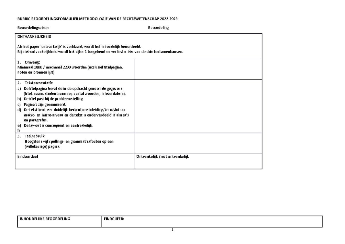 Rubric METH RW punten 2022-2023 versie aug 2022 - RUBRIC BEOORDELINGSFORMULIER METHODOLOGIE VAN ...