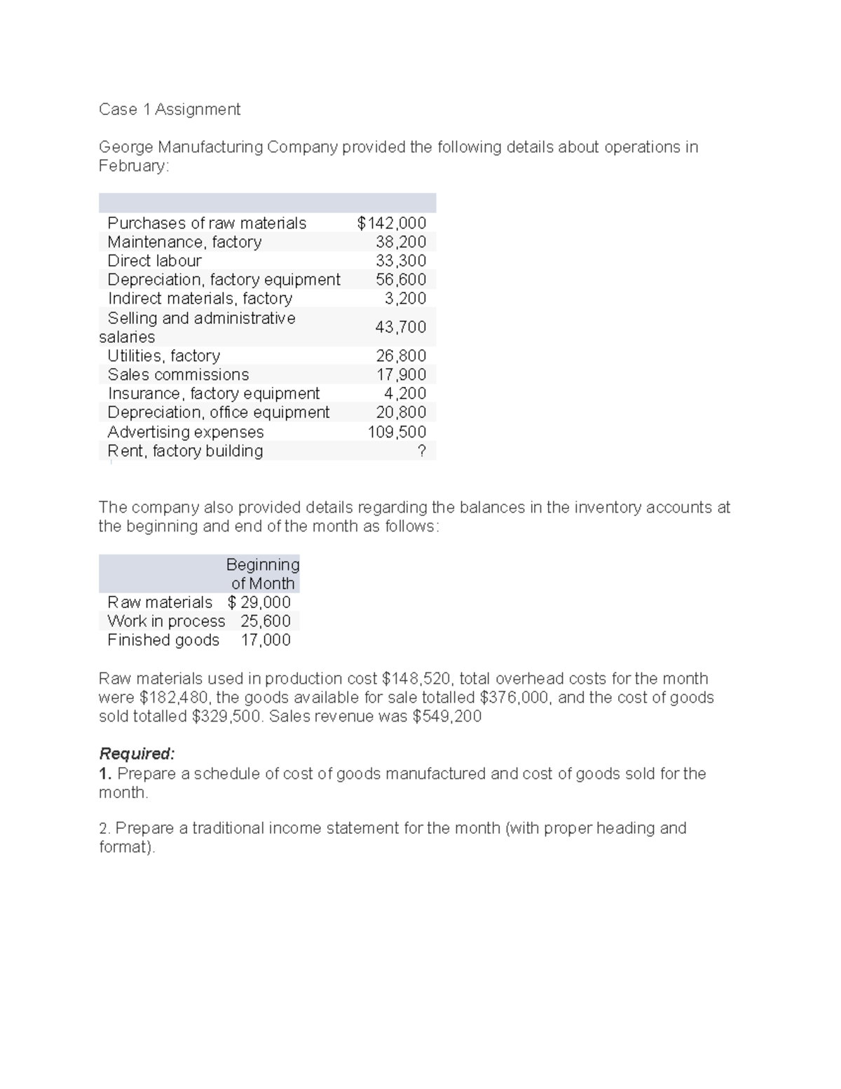 Case 1 7 - Management Accounting - Case 1 Assignment George ...