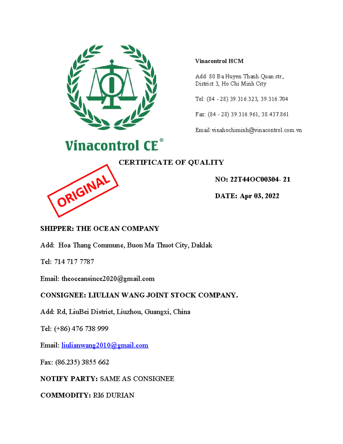 Certificate OF Quality The Ocean - Vinacontrol HCM Add: 80 Ba Huyen ...