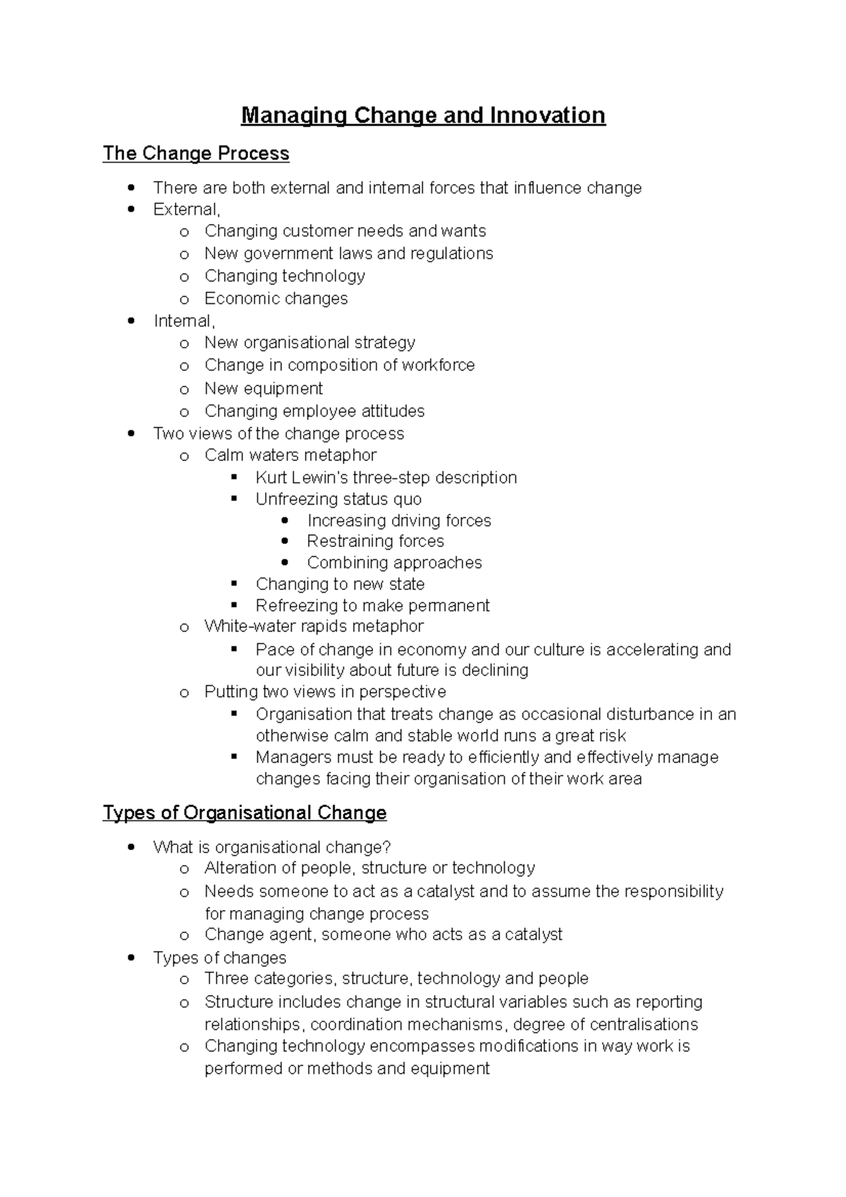 Chapter 7 - Notes - Managing Change and Innovation The Change Process ...
