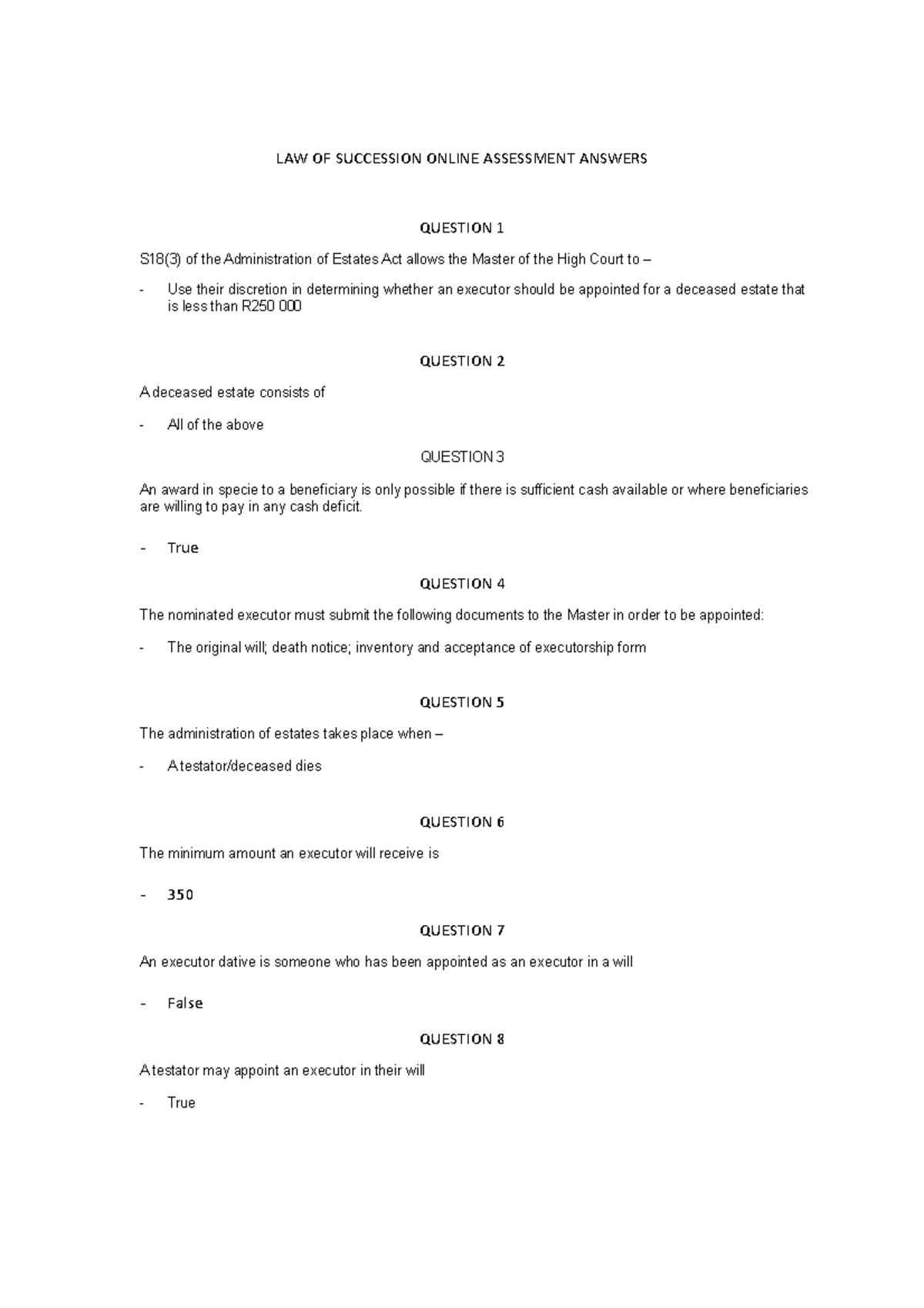 LAW OF Succession Online Assessment Answers - LAW OF SUCCESSION ONLINE ...