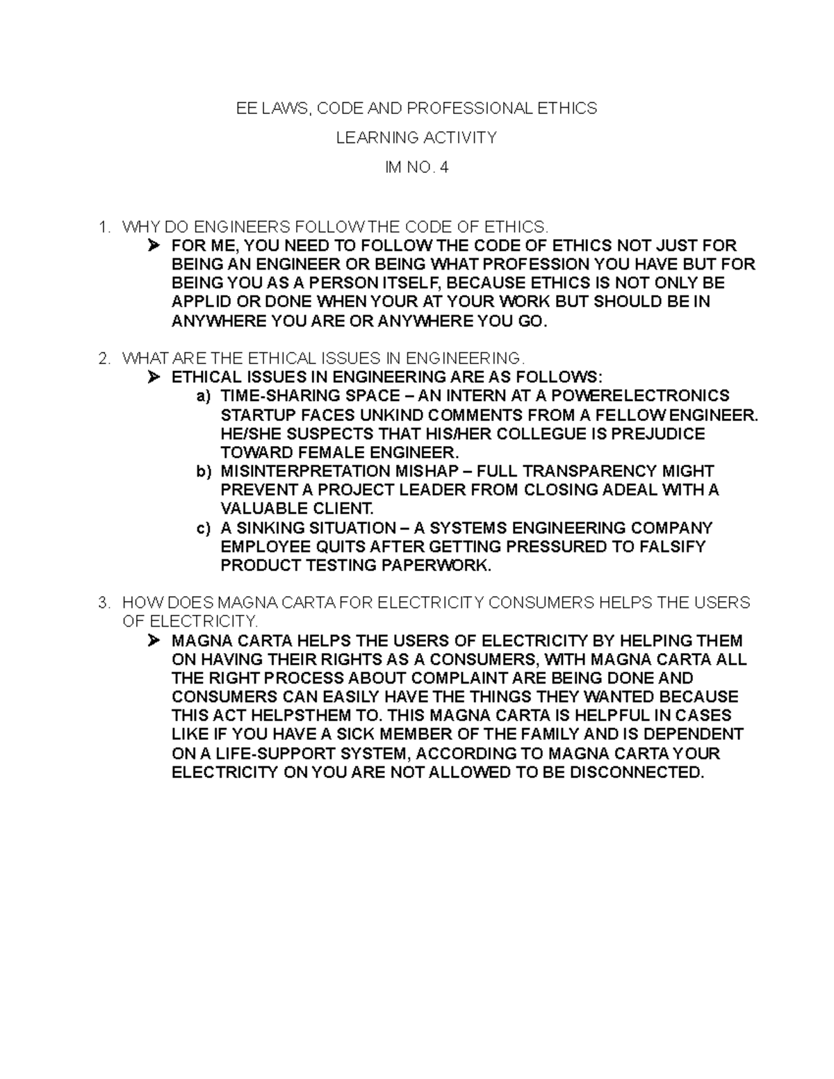 EE LAWS Learning Activity IM NO - EE LAWS, CODE AND PROFESSIONAL ETHICS ...