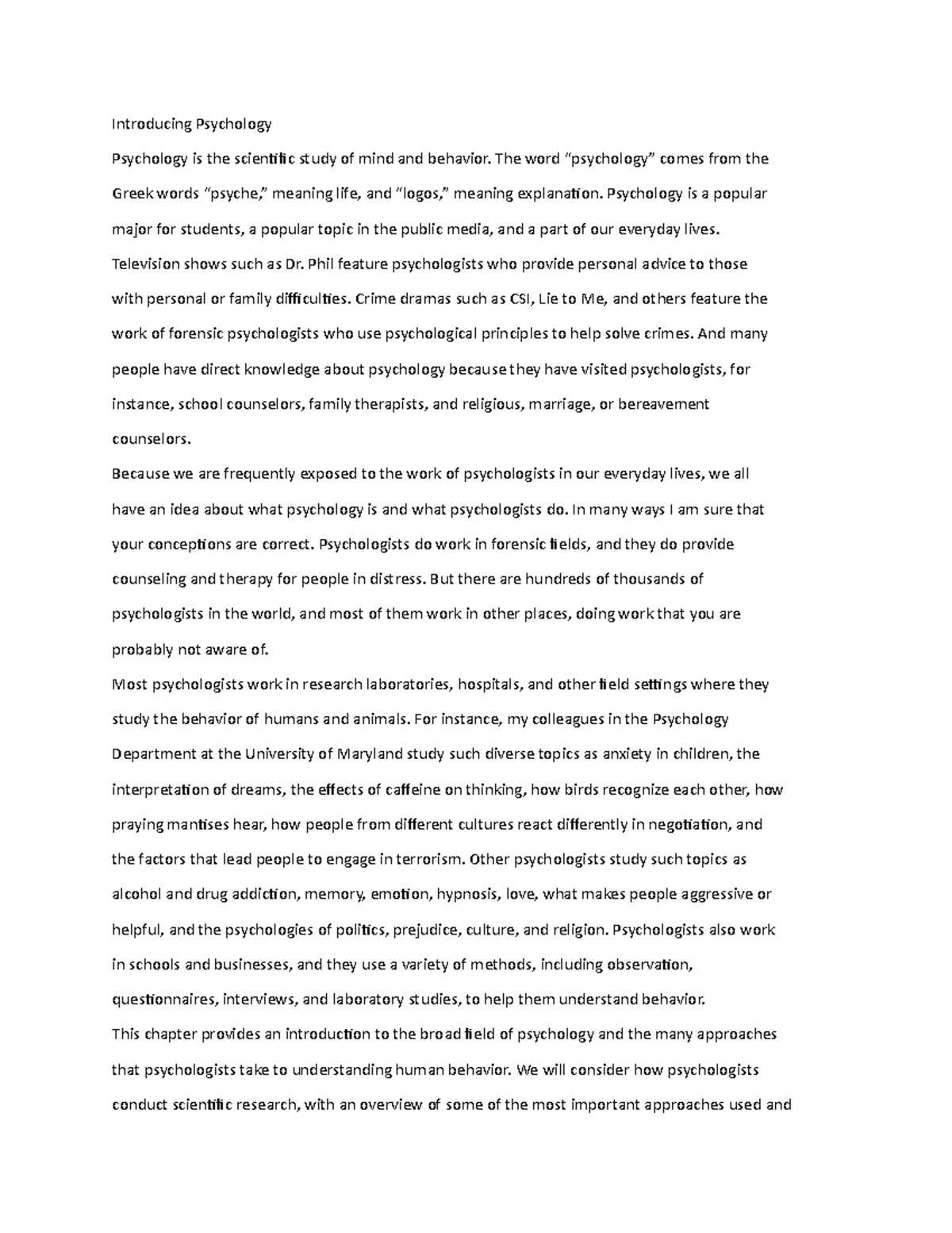 Introduction-in-Psychology - Introducing Psychology Psychology is the ...