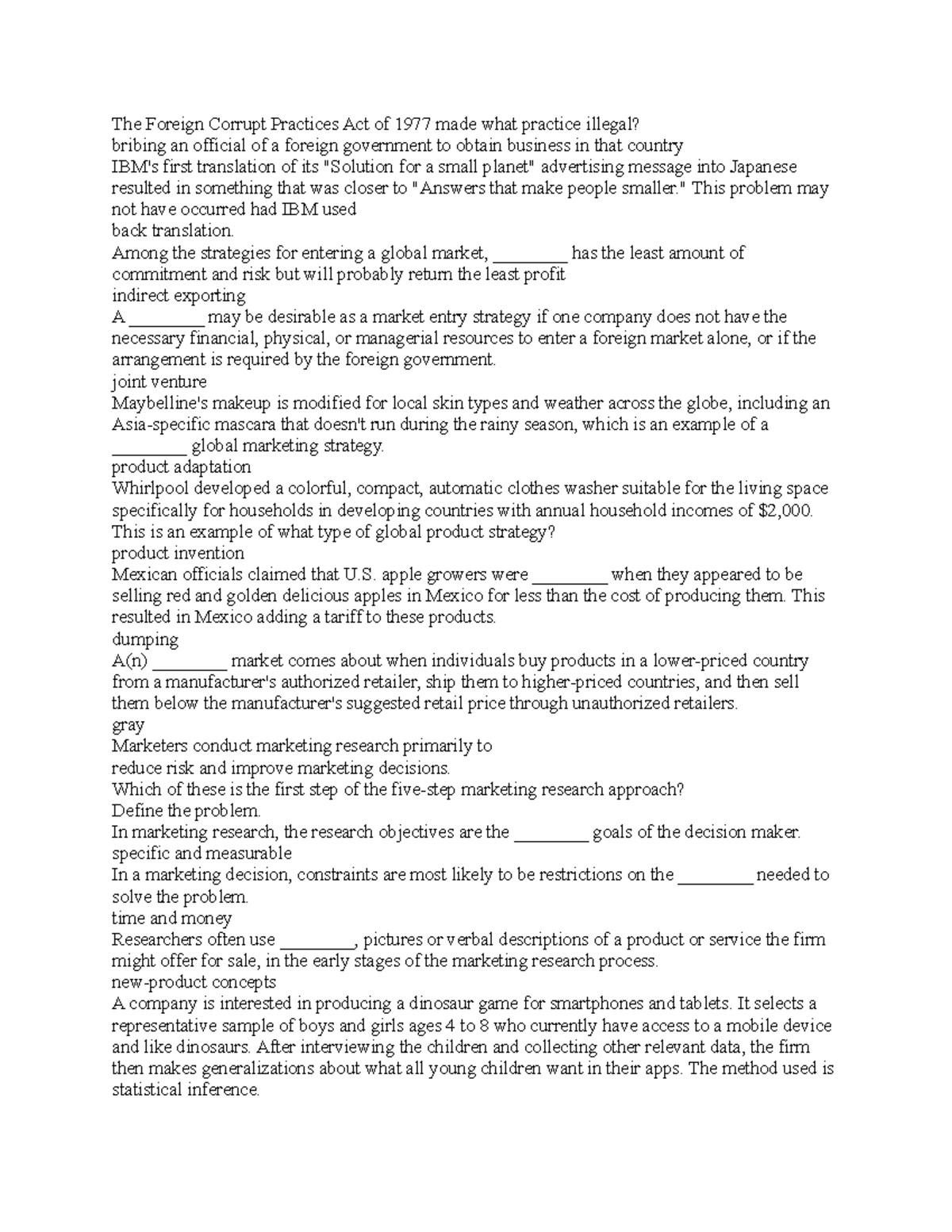 The Foreign Corrupt Practices Act of 1977 made what practice illegal ...