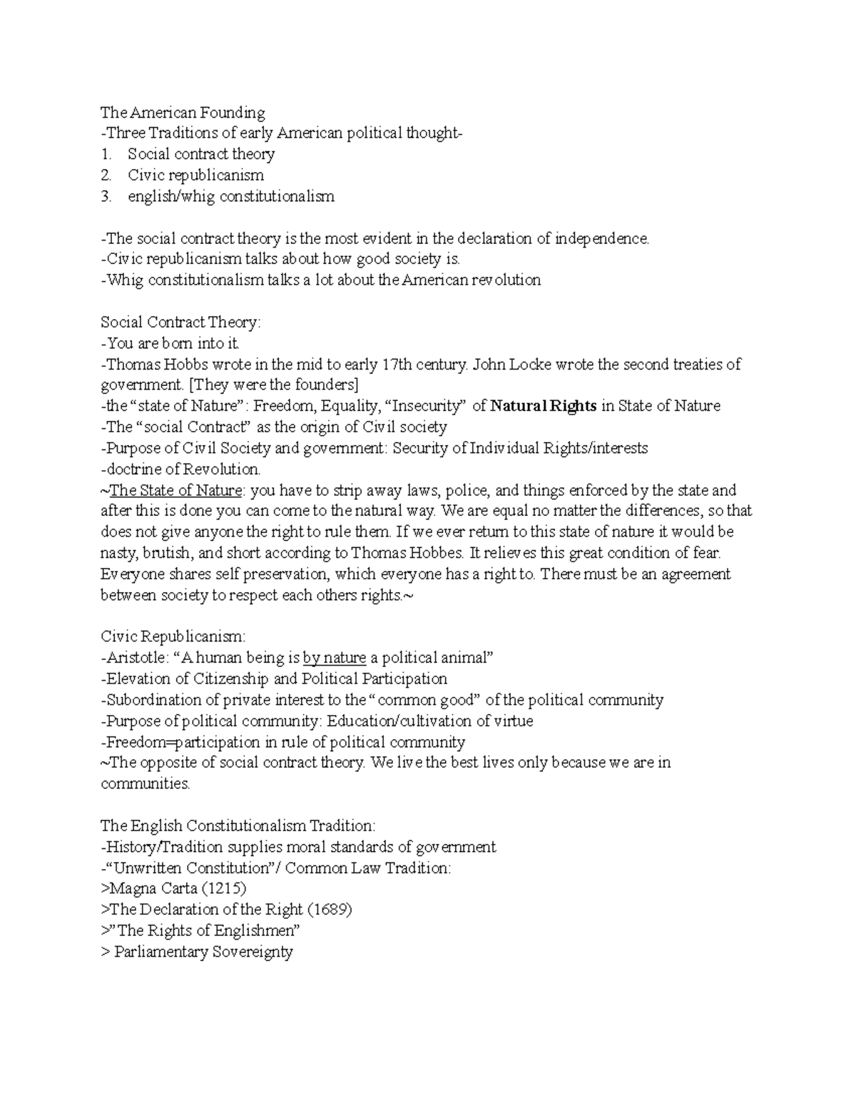 Final notes for poli sci - The American Founding -Three Traditions of ...