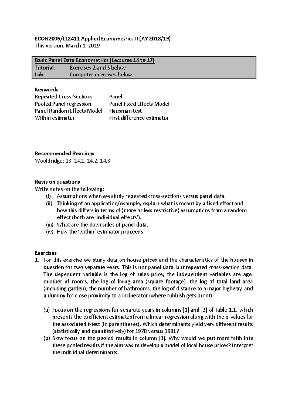 Study Pack Lectures 14 to 17 - Panel Data Models - ECON2006/L12411 ...