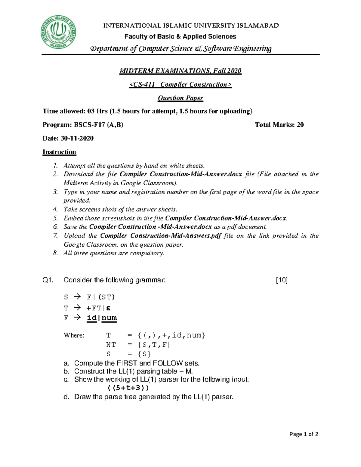 Midterm-CC - OK THIS IS A COMPILER SESIGN PAPER - INTERNATIONAL ISLAMIC ...