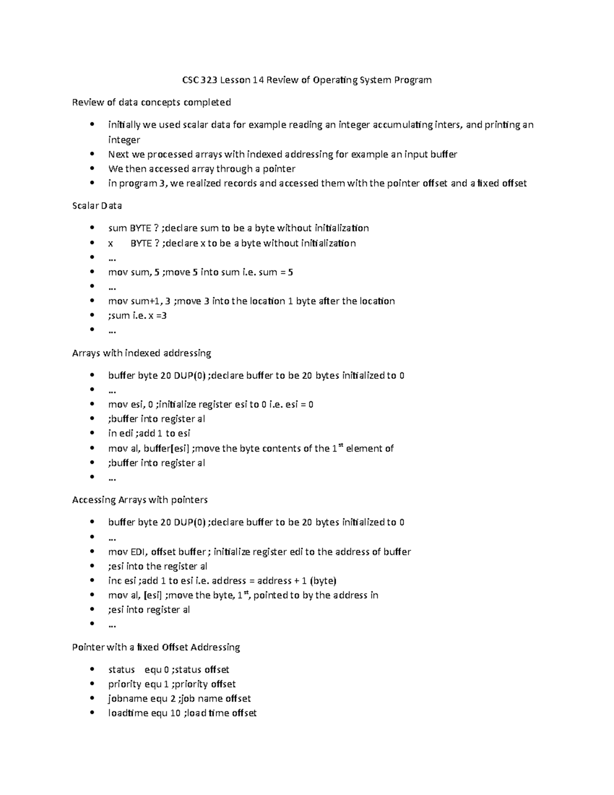 Assembly Lesson 14 - N/a - CSC 323 Lesson 14 Review of Operating System ...