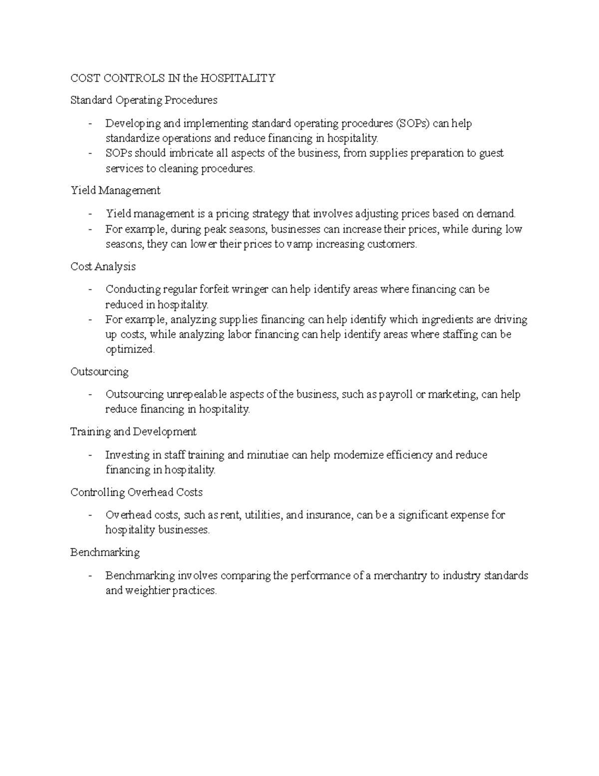 COST Controls IN Hospitality Notes 2 - COST CONTROLS IN the HOSPITALITY ...