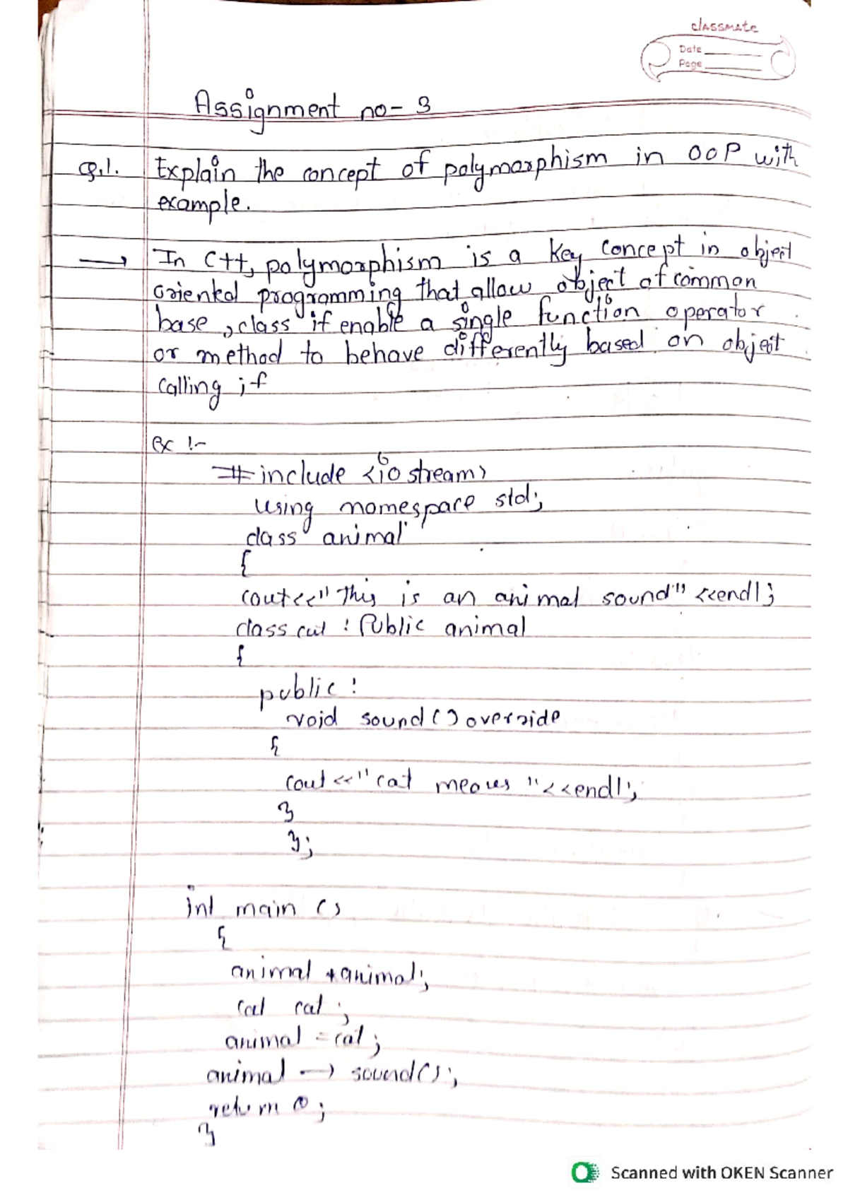 OOP assignment 2019 pattern - classmate Date Page Assignment 3 Q ...