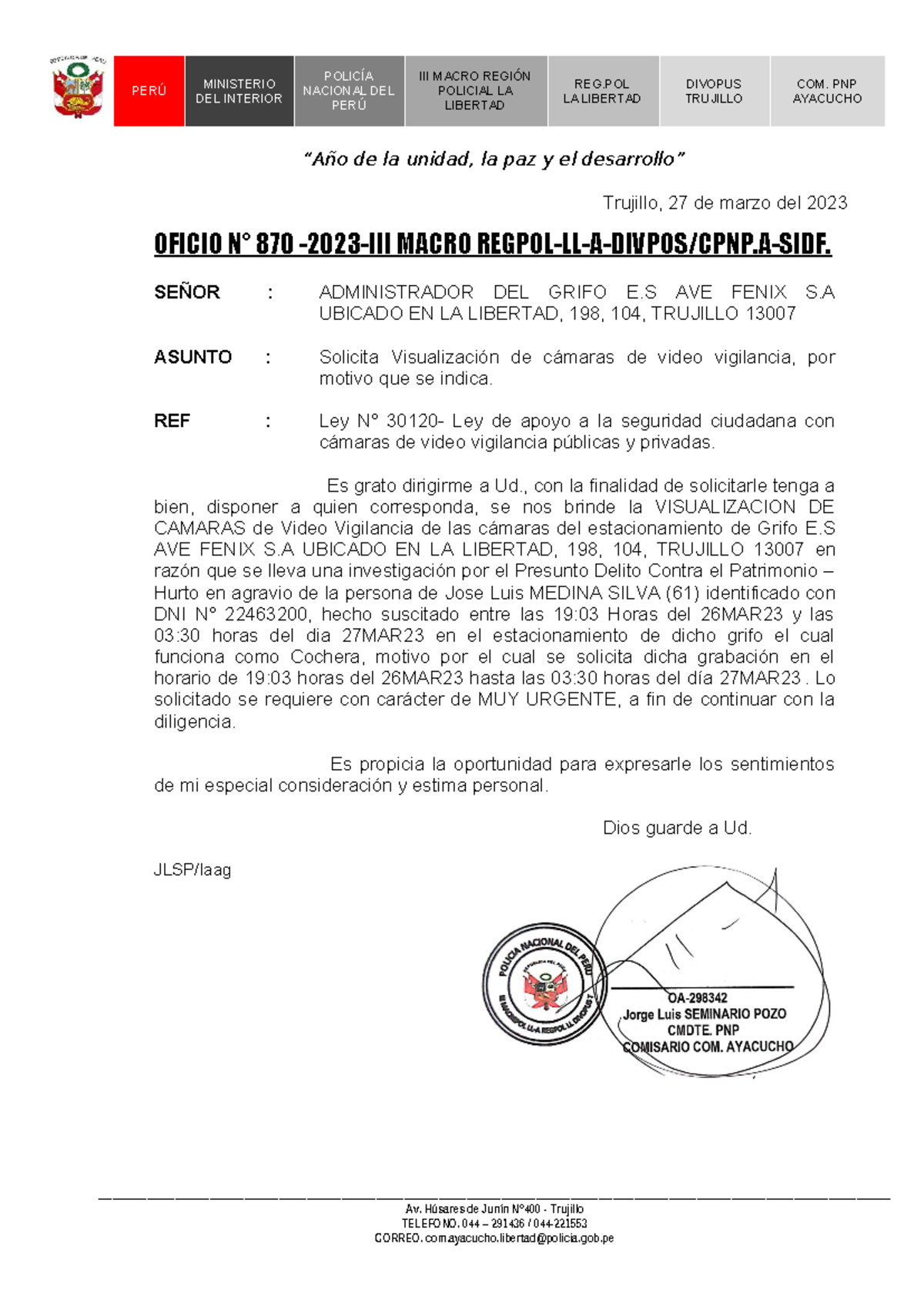 Oficio Camaras DE Seguridad - PERÚ DEL INTERIORMINISTERIO POLICÍA NACIONAL DEL PERÚ III MACRO ...