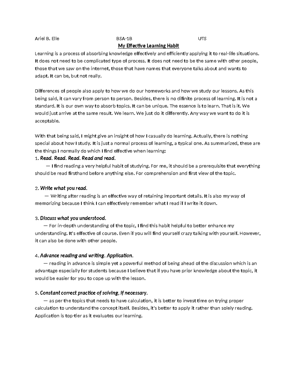 UTS Major Output - Ariel B. Elle BSA-1B UTS My Effective Learning Habit ...