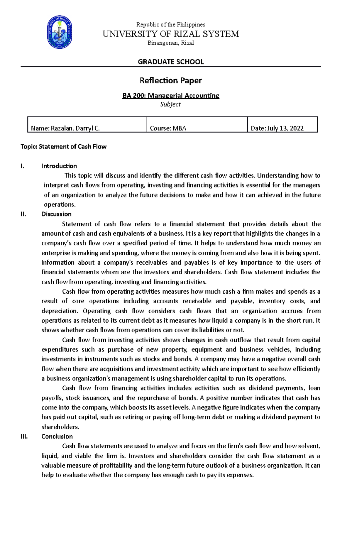 Razalan, Darryl C. - Reflection Paper Form (Statement of Cash Flow ...
