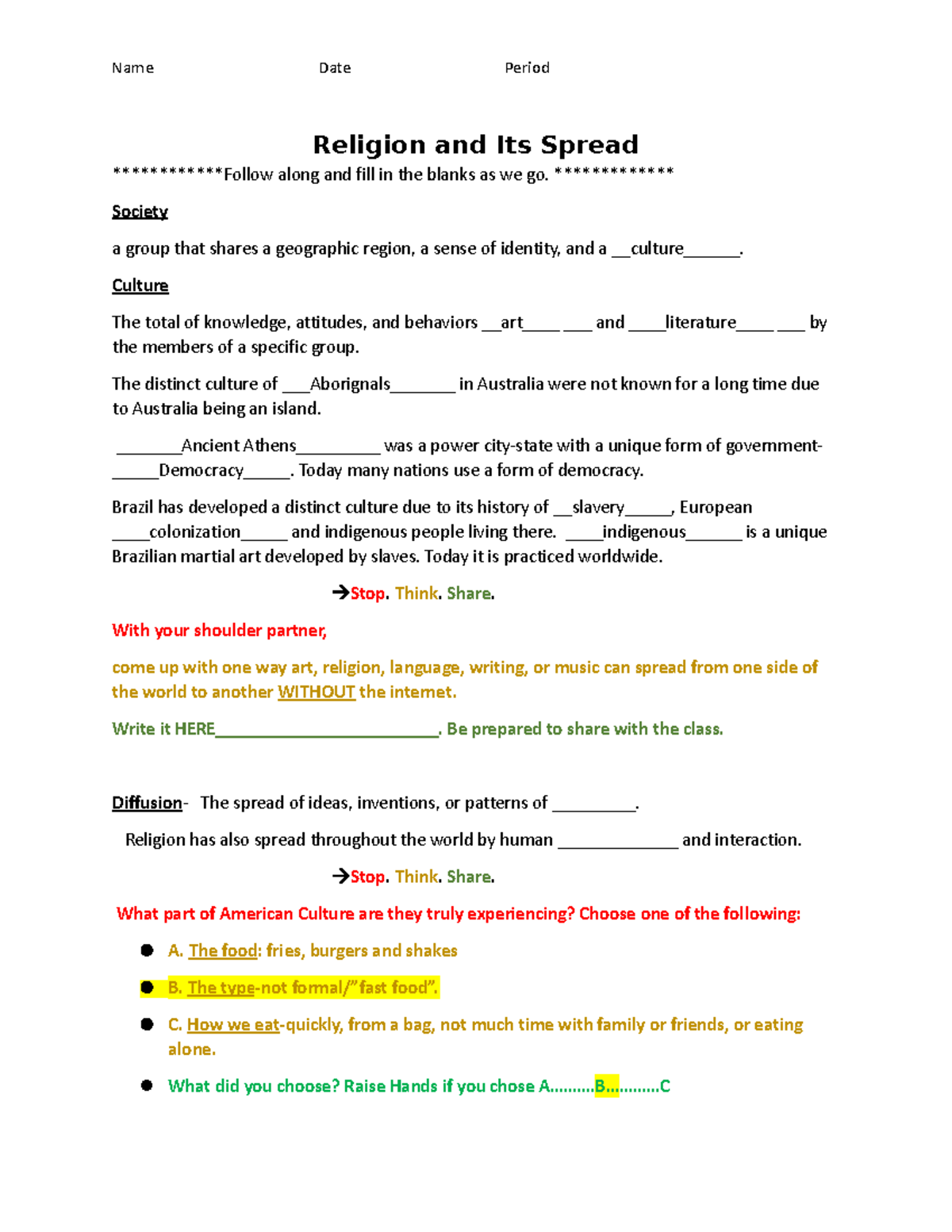 Religion diffusion-1 - gifgi - Name Date Period Religion and Its Spread ...