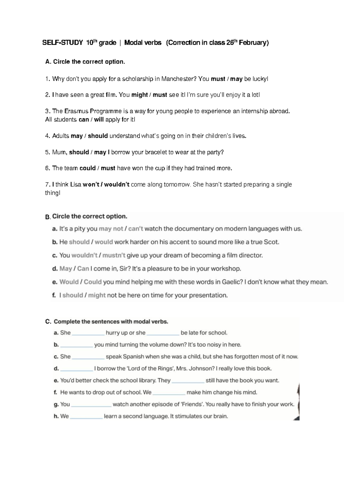 02 Self-study 1 Modals - Ficha de preparação. - SELF-STUDY 10 th grade ...