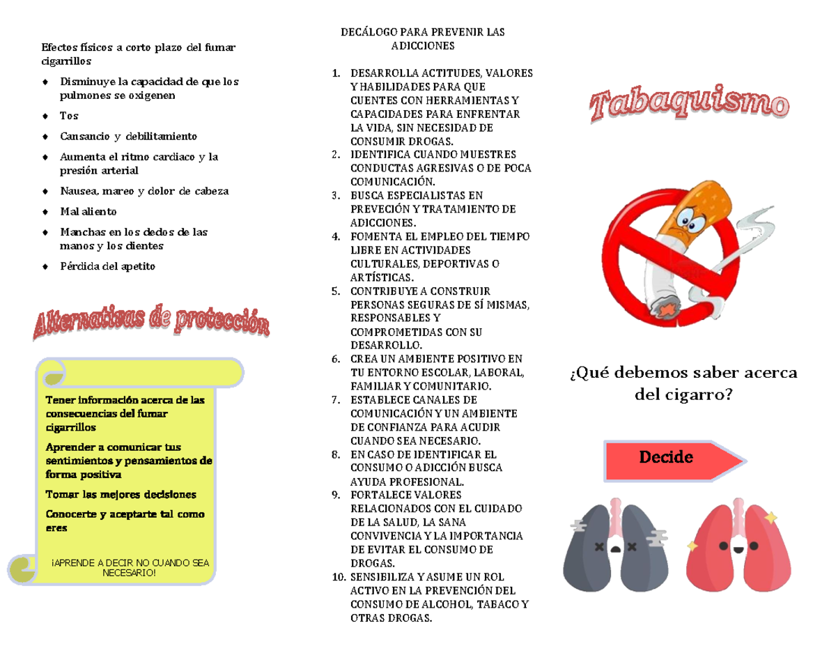 Tabaquismo Triptico - ¡APRENDE A DECIR NO CUANDO SEA NECESARIO! Efectos ...