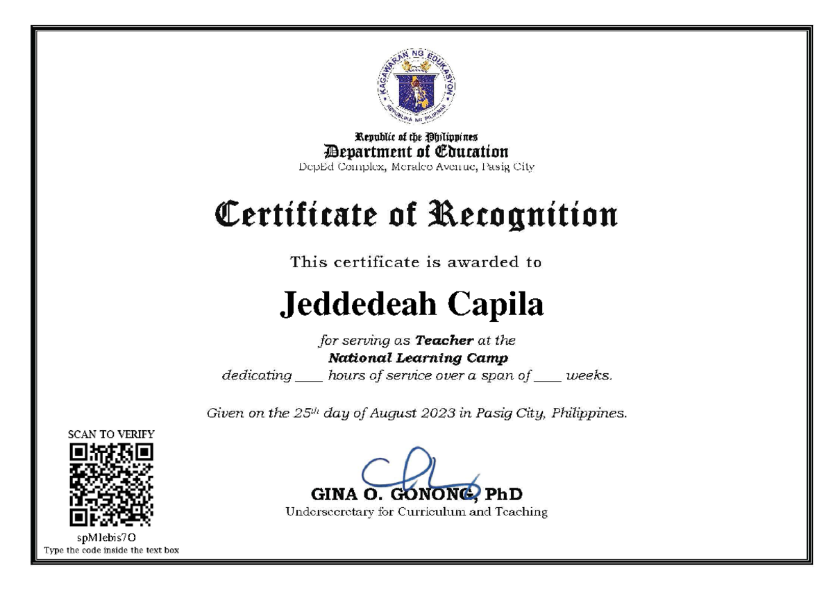 Certificate of Recognition - Bachelor of Secondary Education English - Jeddedeah Capila ...