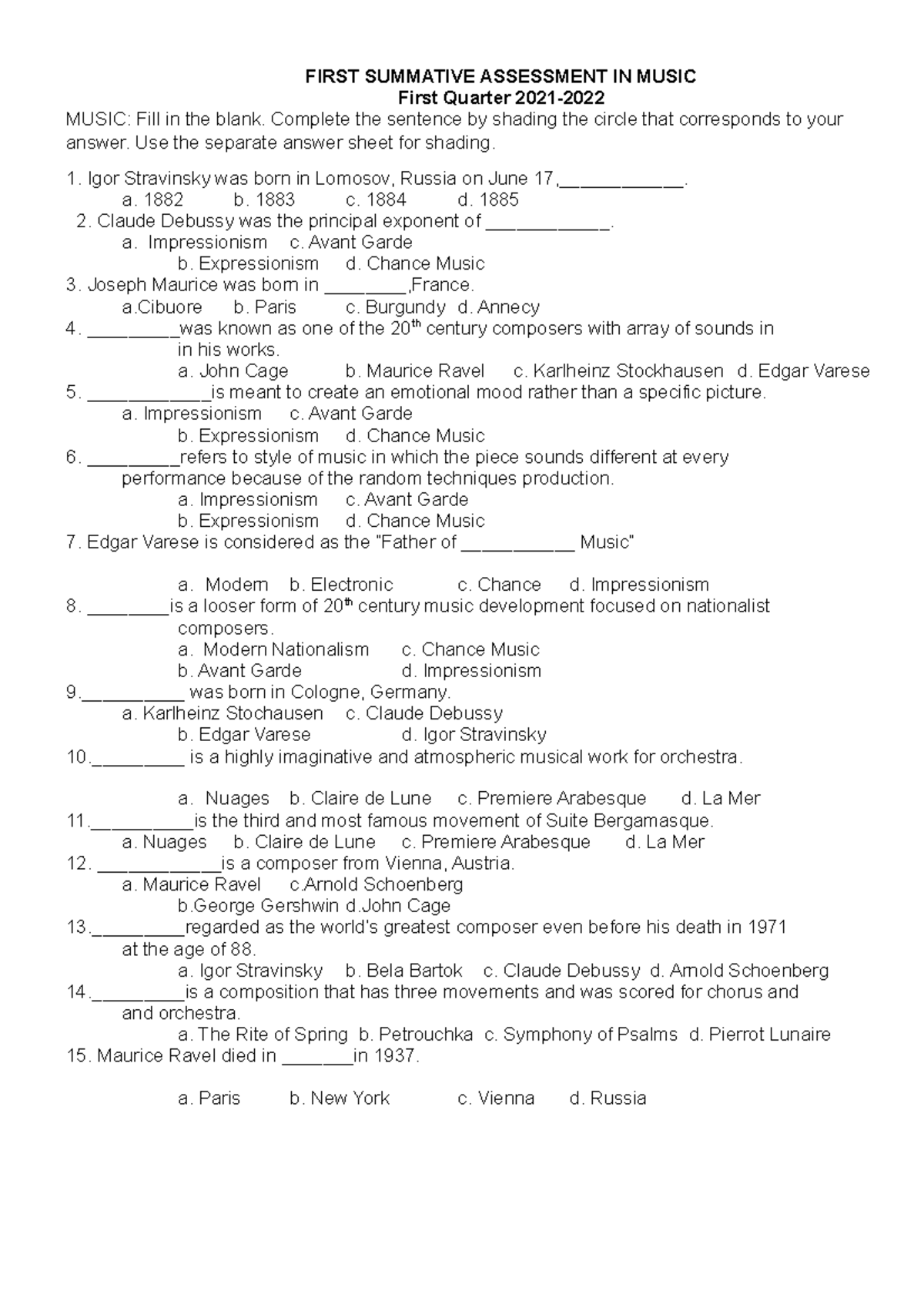 First Quarter Assessment IN Music - FIRST SUMMATIVE ASSESSMENT IN MUSIC ...