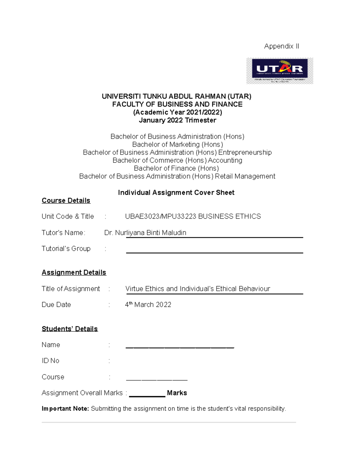 Business Ethics Individual Assignment - Appendix II UNIVERSITI TUNKU ...