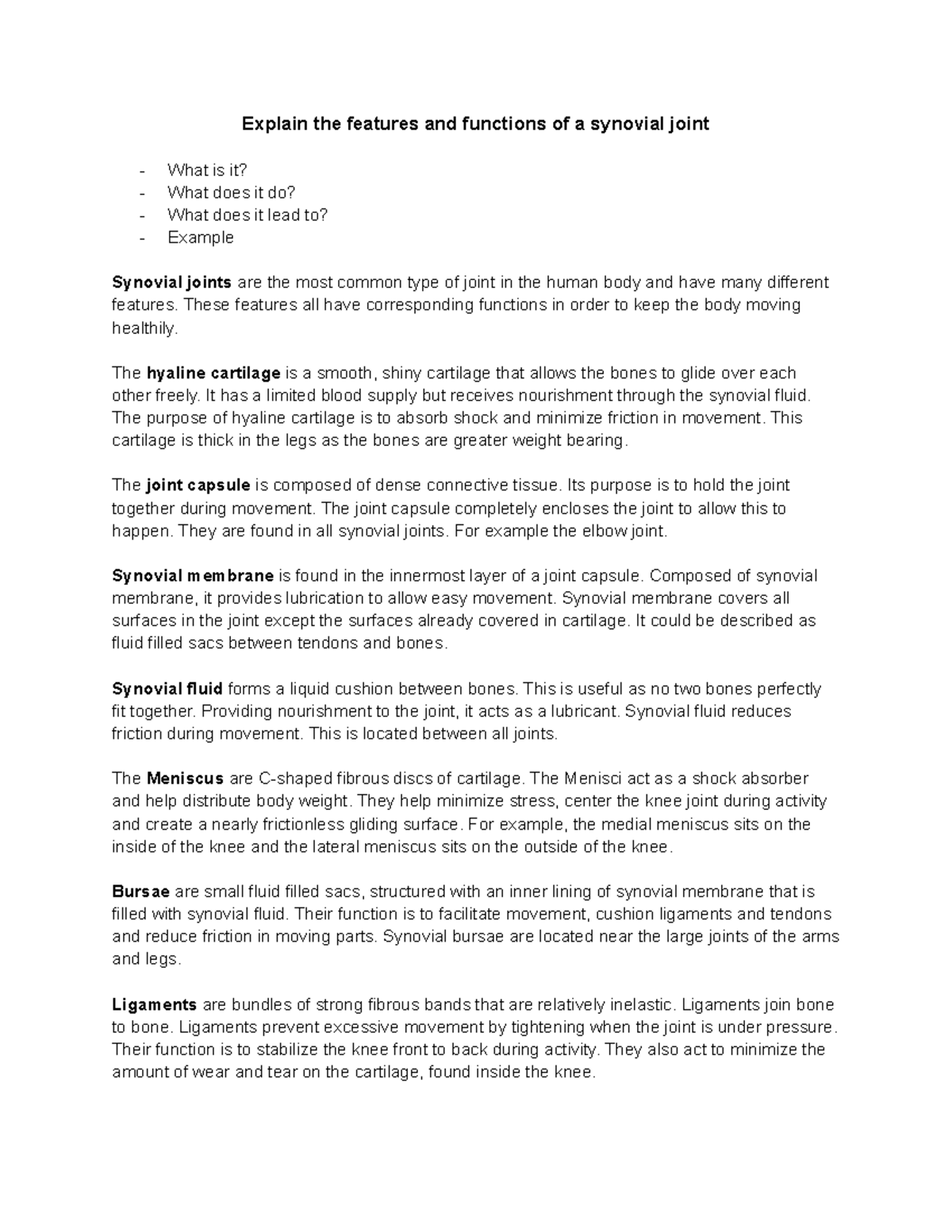 Synovial Joints extended response - Explain the features and functions ...