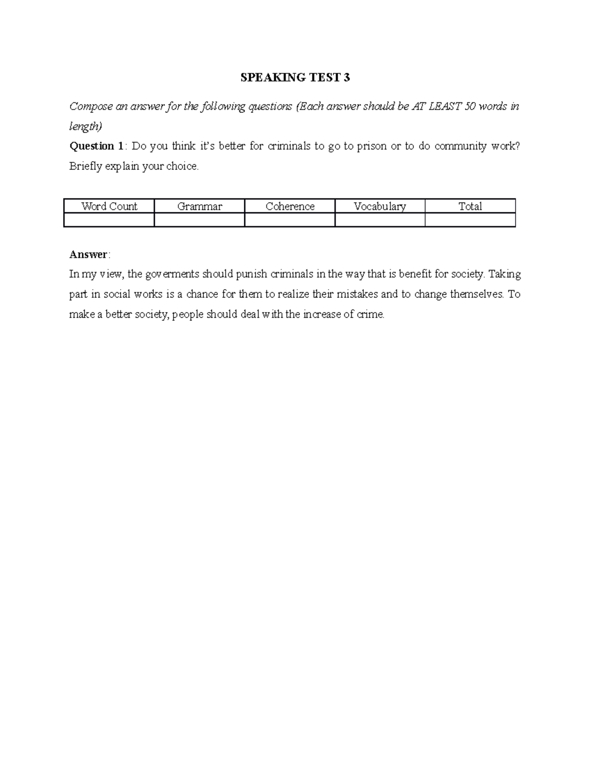 Speaking TEST 3 - julia - SPEAKING TEST 3 Compose an answer for the ...