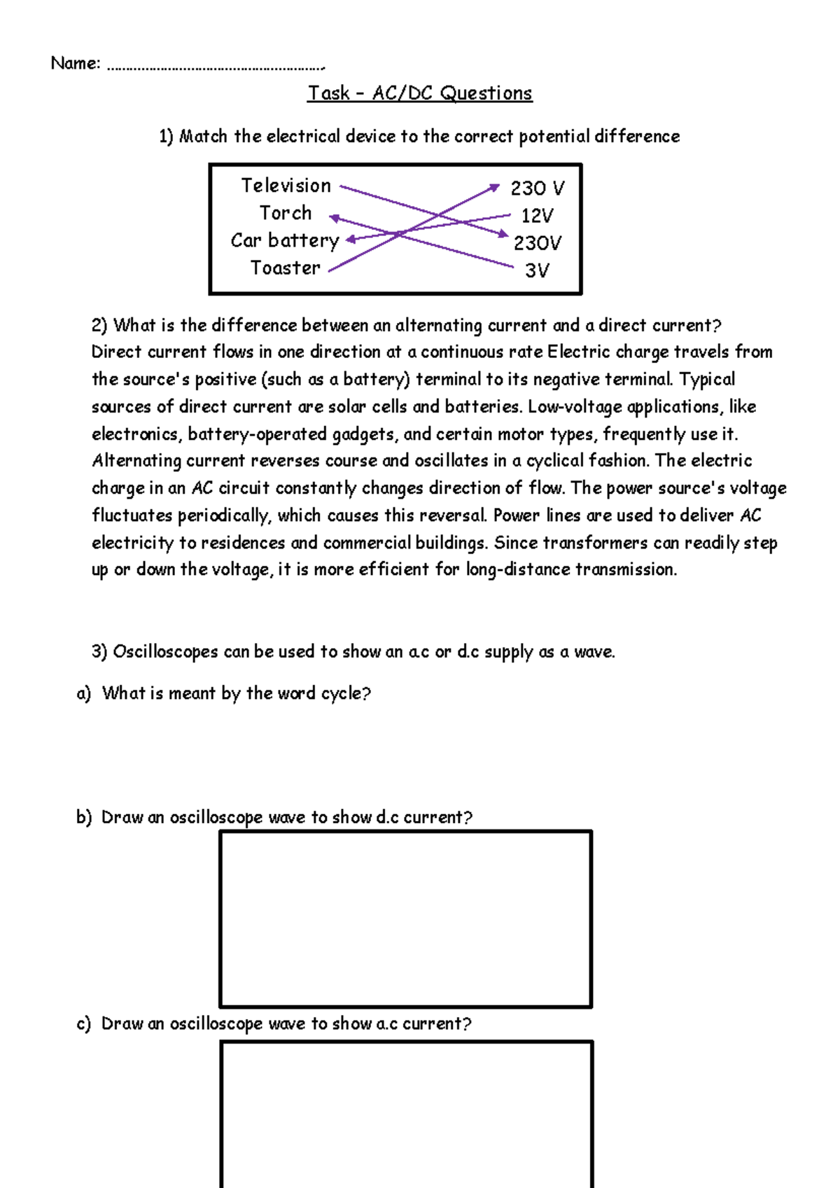 Unit 15C HW1 AC DC Worksheet - Name