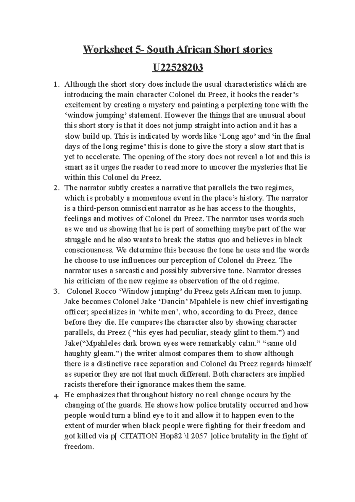 Worksheet 5 - Worksheet 5- South African Short stories U Although the ...