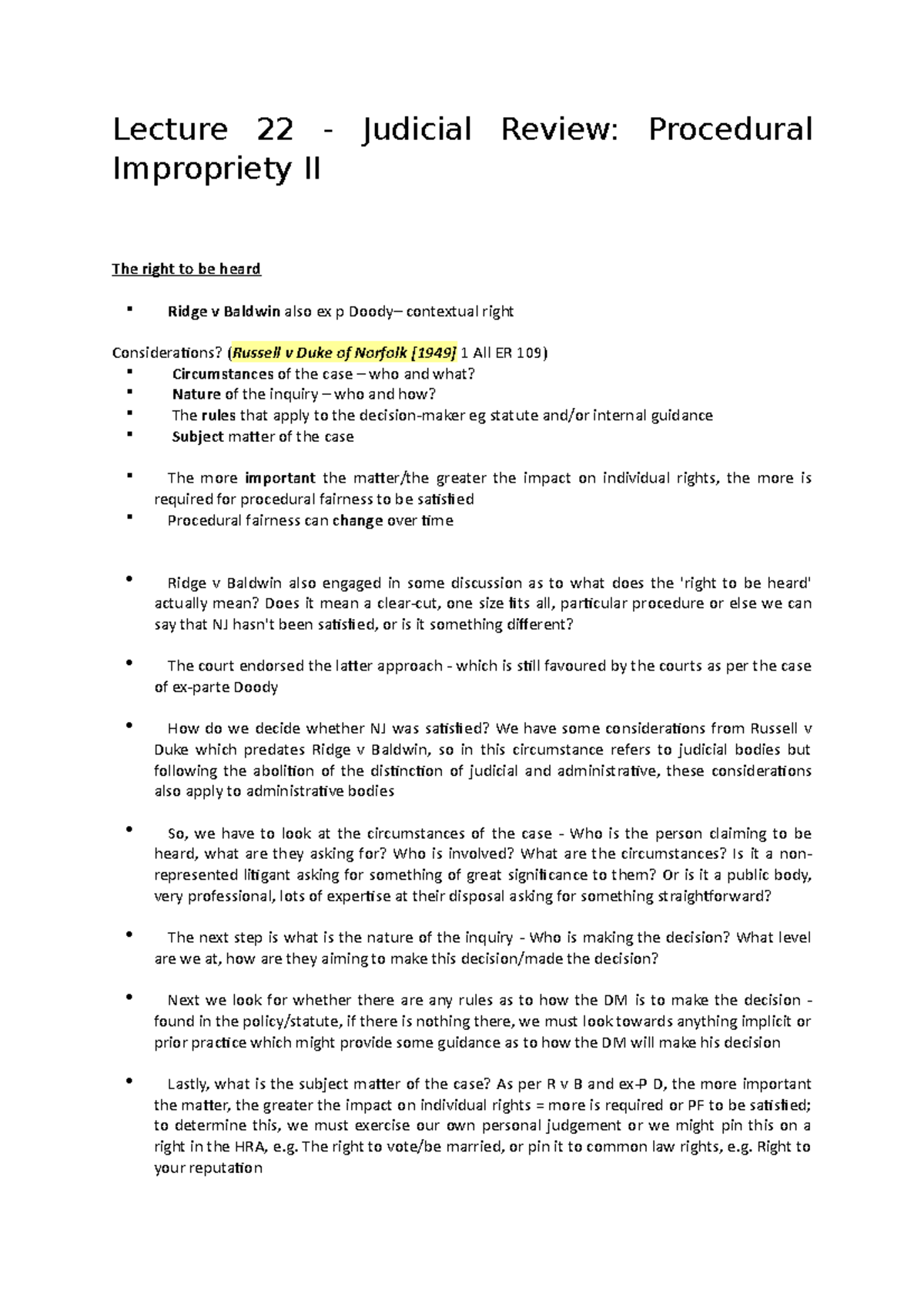 Lecture 22 - Judicial Review - Procedural Impropriety II - Lecture 22 ...