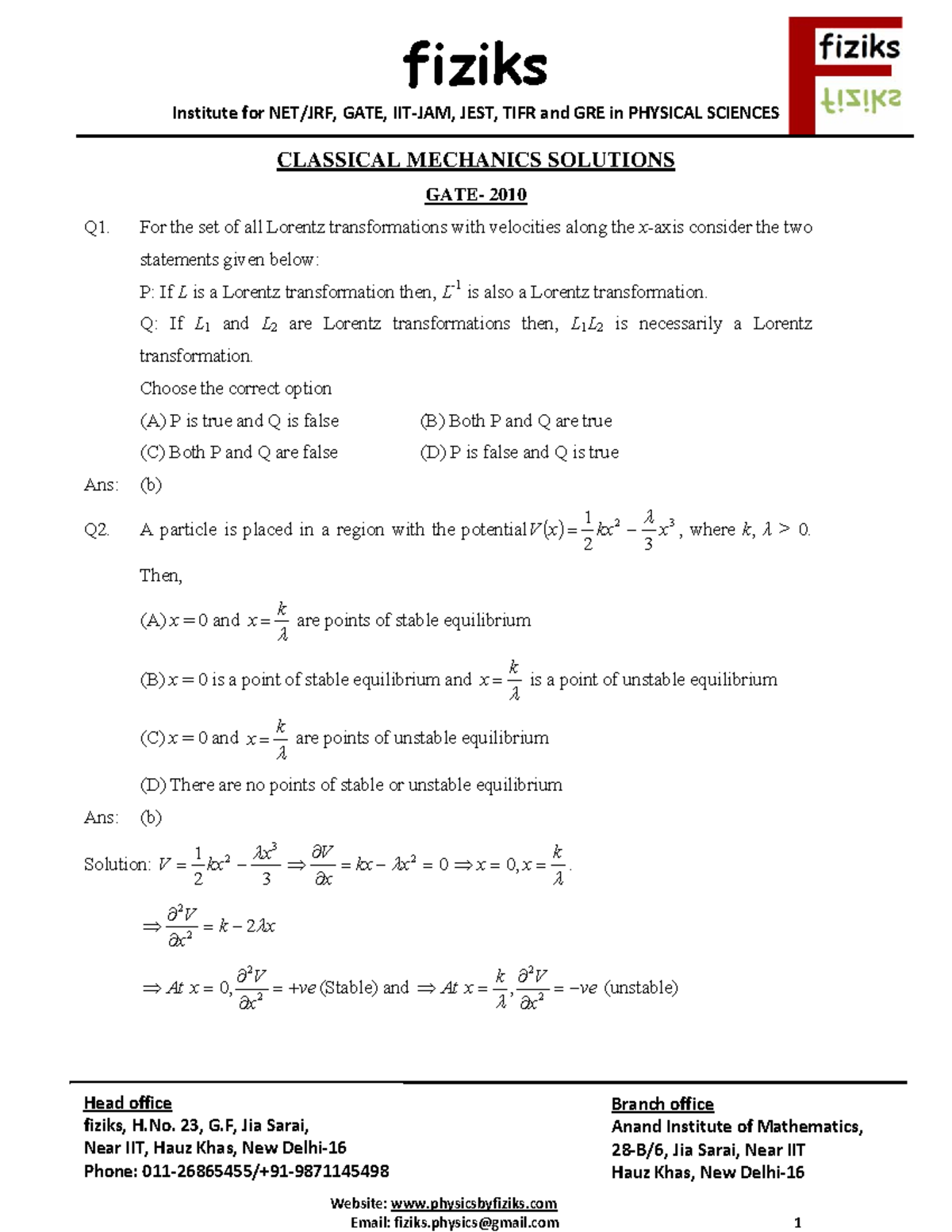 2.Classical Mechanics GATE 2010-2017 - Institute for NET/JRF, GATE, IIT‐JAM, JEST, TIFR and GRE ...
