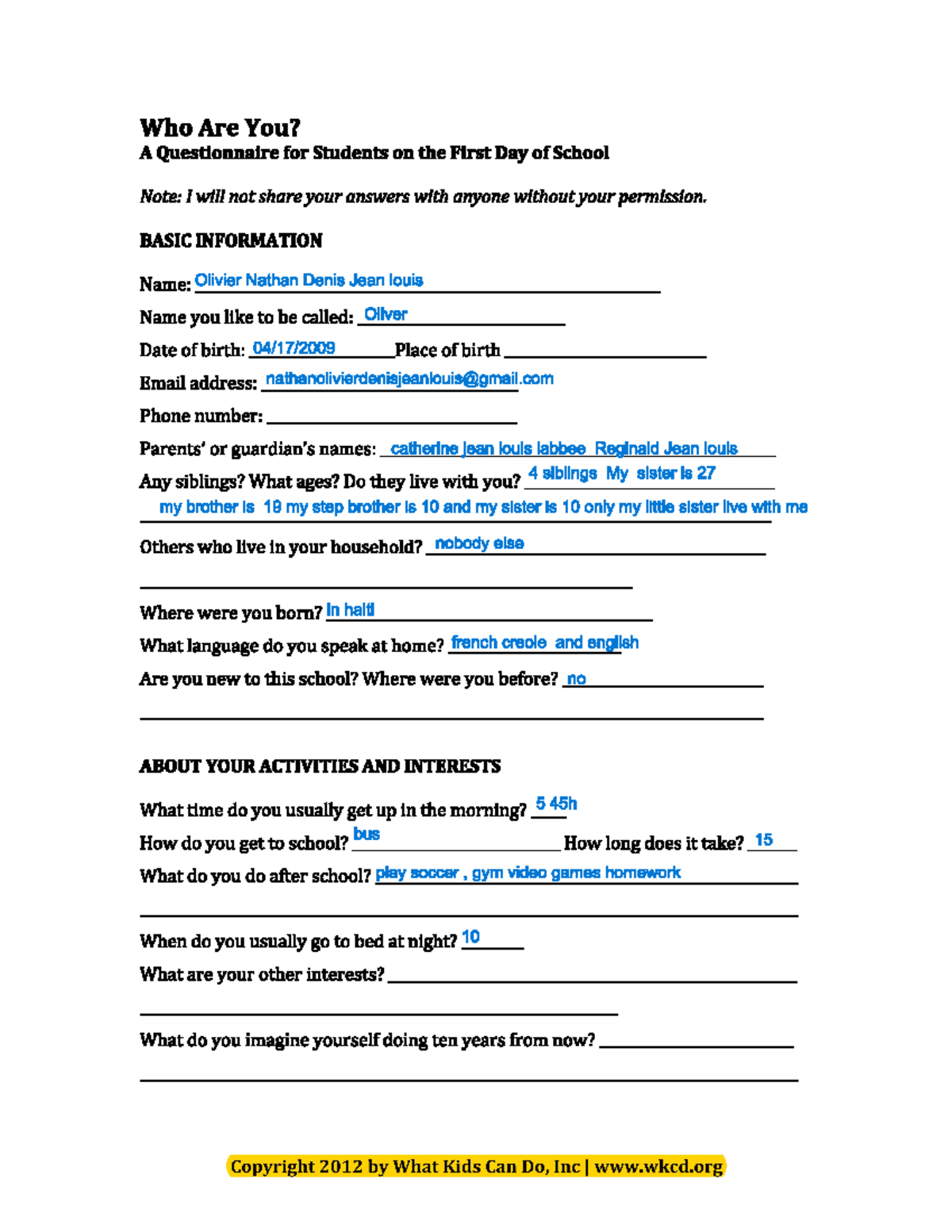 domain 1 lesson 2 - Who Are You? A Questionnaire for Students on the ...