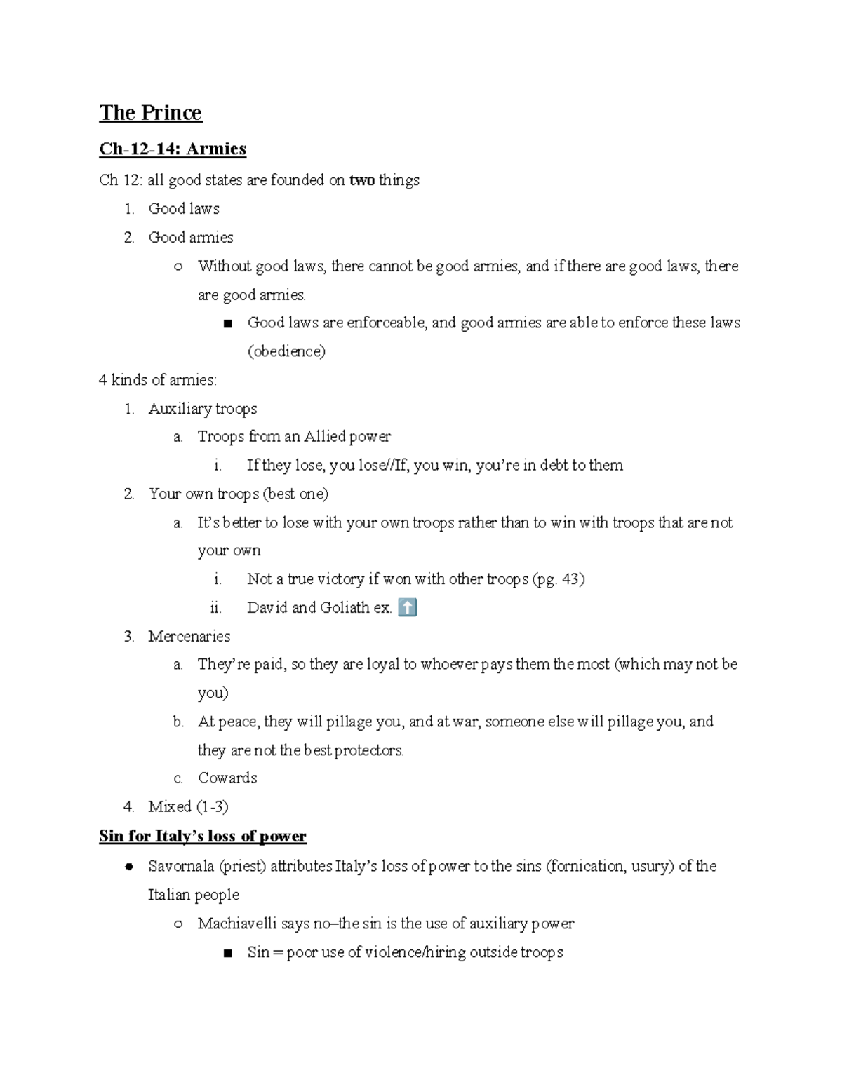 Poli Sci 103 - Notes for Machiavelli's The Prince from chapters 12-21 ...