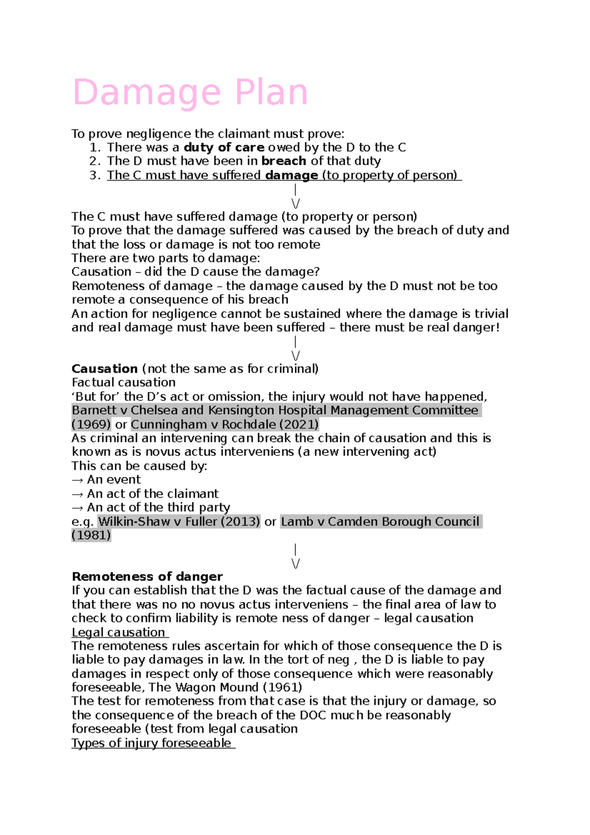 Damage Plan - negligence - Damage Plan To prove negligence the claimant ...