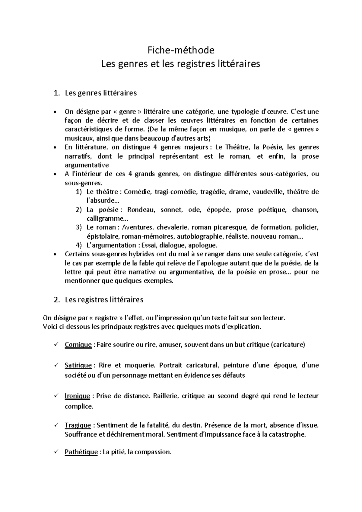 Les genres et les registres 1 - Fiche-méthode Les genres et les ...