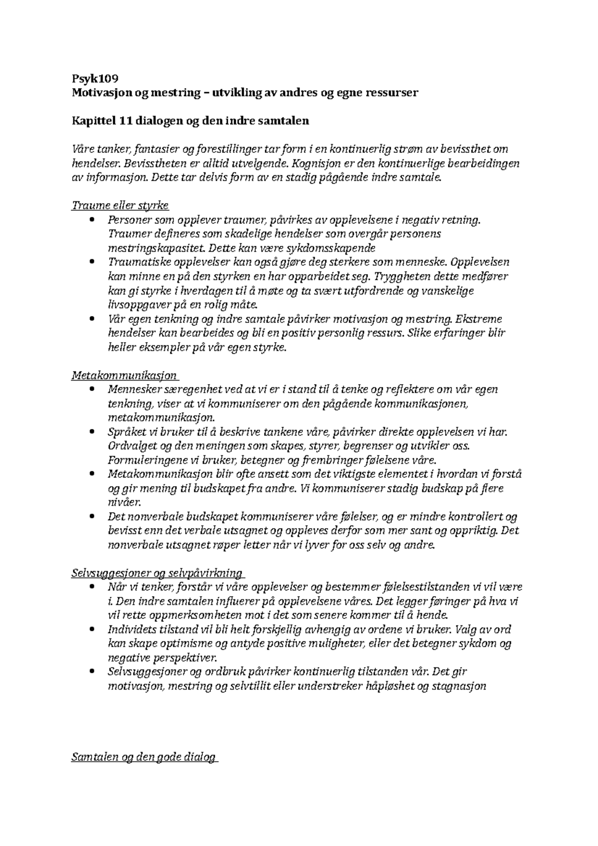 Psyk109 - motivasjon og mestring - kapittel 11 - den indre samtalen - Psyk109 Motivasjon og ...