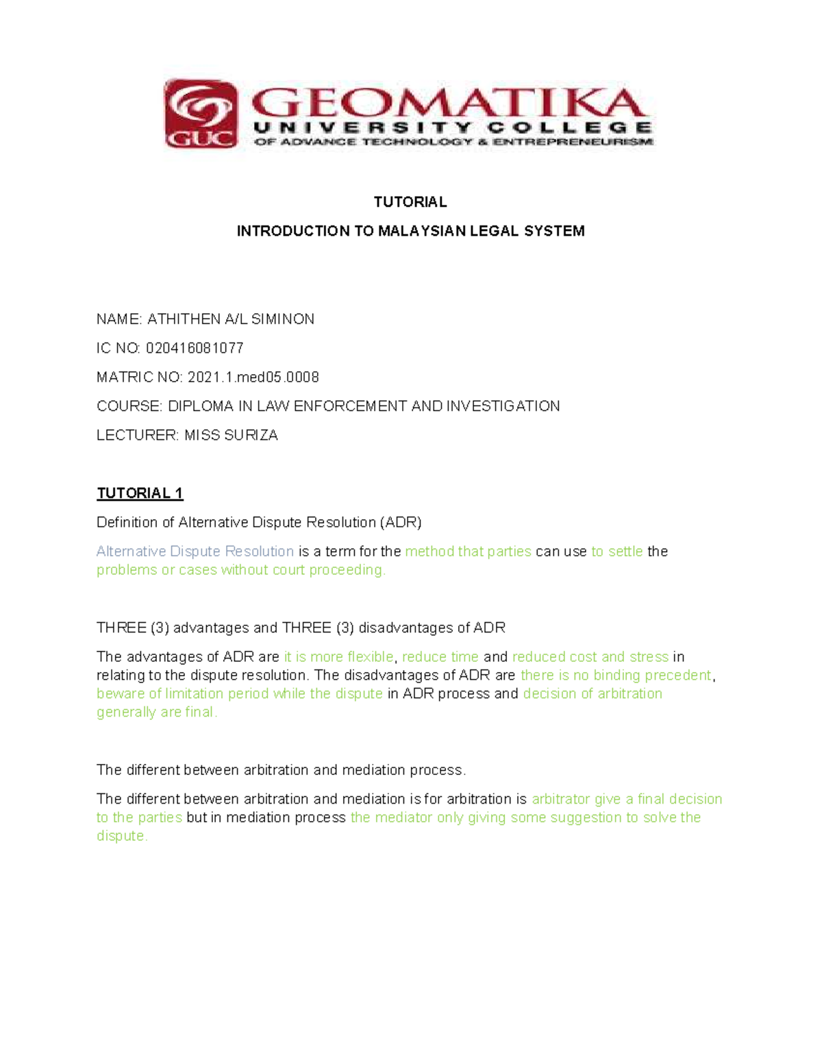 Tutorial Chapter 7 IML - TUTORIAL INTRODUCTION TO MALAYSIAN LEGAL ...